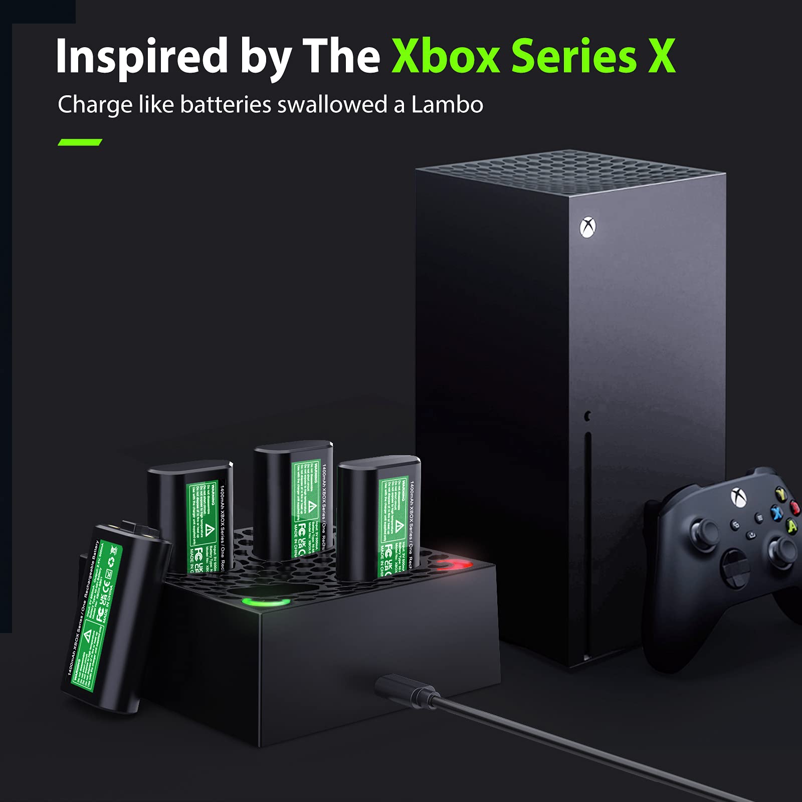 4x1400mAh Rechargeable Battery Pack with Charging Station & USB C Cable, 2 Pack 10FT Xbox Series X S Controller Charger Charging Cable for Xbox Series X S