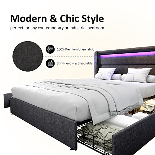 AMERLIFE King Bed Frame with RGBW LED Lights Headboard & 4 Storage Drawers, Upholstered Smart Platform Bed with USB & USB-C Ports, Box Spring Optional, Dark Grey