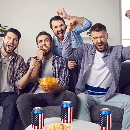 24 Pcs Summer Can Cooler Sleeves Reusable Usa Flag Can Cooler Collapsible American Flag Can Covers for Beer DIY Neoprene Beer Bottle Cooler Insulation with Stitches for Drink Holder Party, 12 oz