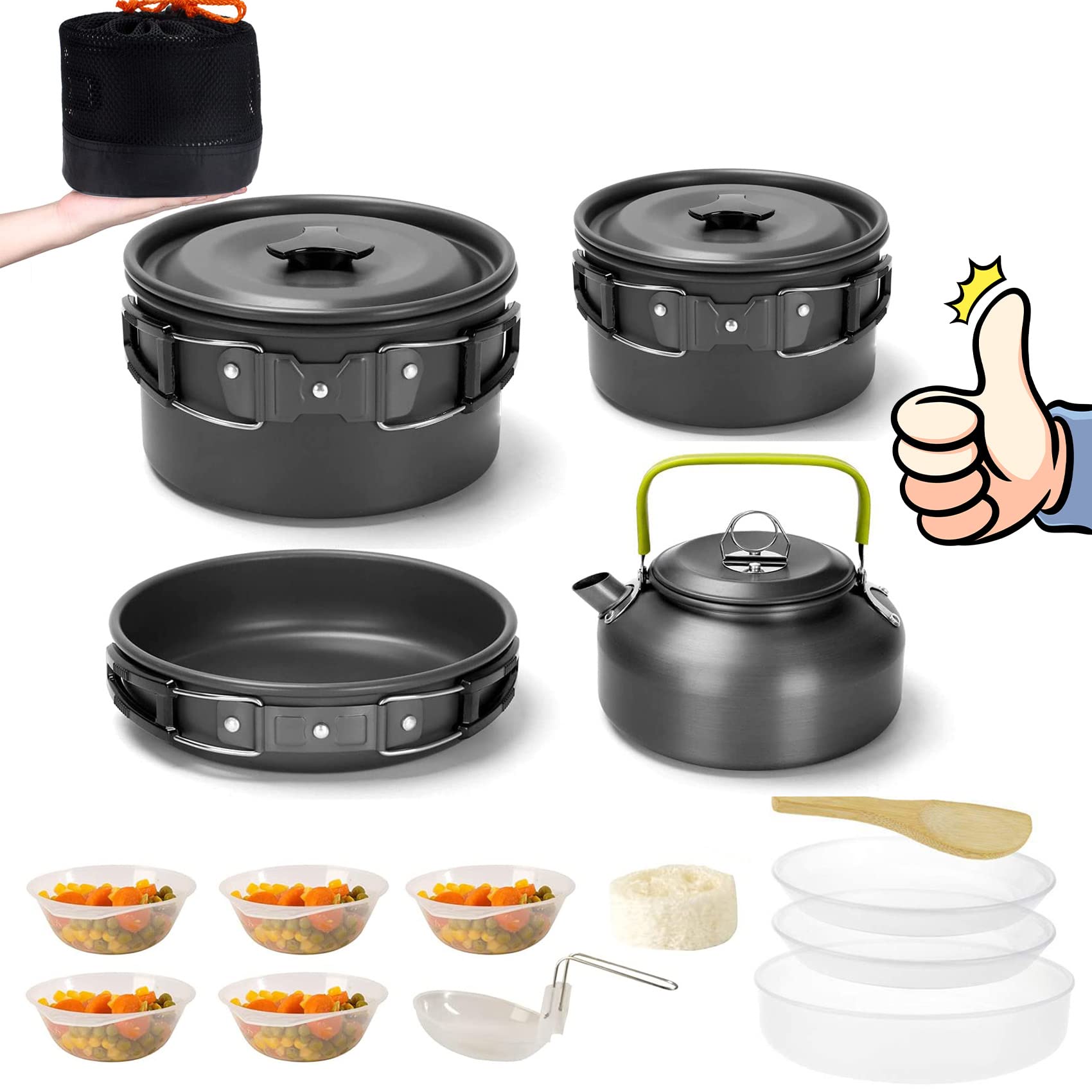 16pcs Camping Cookware Mess Kit, Non-Stick Lightweight Backpack Camping Pots Pan Kettle Set, Camp Accessories Equipment for Camping, Backpacking, Outdoor Picnic