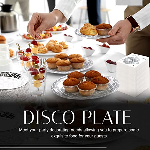 200 Pcs 70s Disco Party Supplies Includes Disco Ball Paper Plates and Disco Cocktail Napkins Silver Disco Paper Plates Disco Napkins for 80s 90s Disco Bachelorette Birthday Party Picnic (White)
