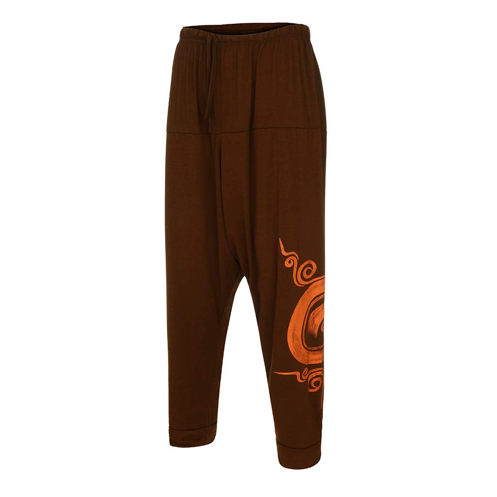 Mens Harem Pants, F_Gotal Mens Casual Elastic Waist Yoga Baggy Boho Harem Pants Drop Crotch Trouser with Pockets Brown