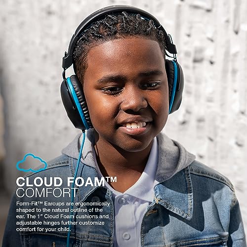 JLab JBuddies Pro Wired Over-Ear Kids Headphones, Built-in Volume Regulators for Safety, Folding, Adjustable, Noise Isolation, with Mic, Blue