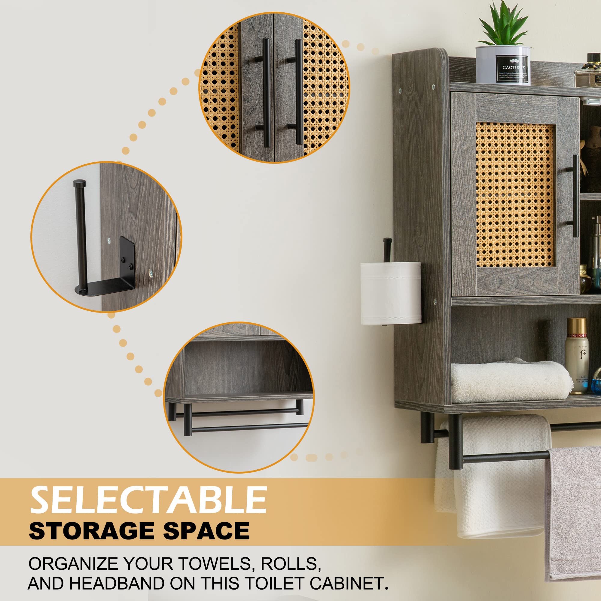 SUNTAGE Bathroom Wall Cabinet, Over Toilet Storage Cabinet w/2 Towel Bar, Paper Roll Holder & Adjustable Shelf in 9 Combinations, Medicine Cabinets Ideal for Bathroom, Kitchen (Brown)