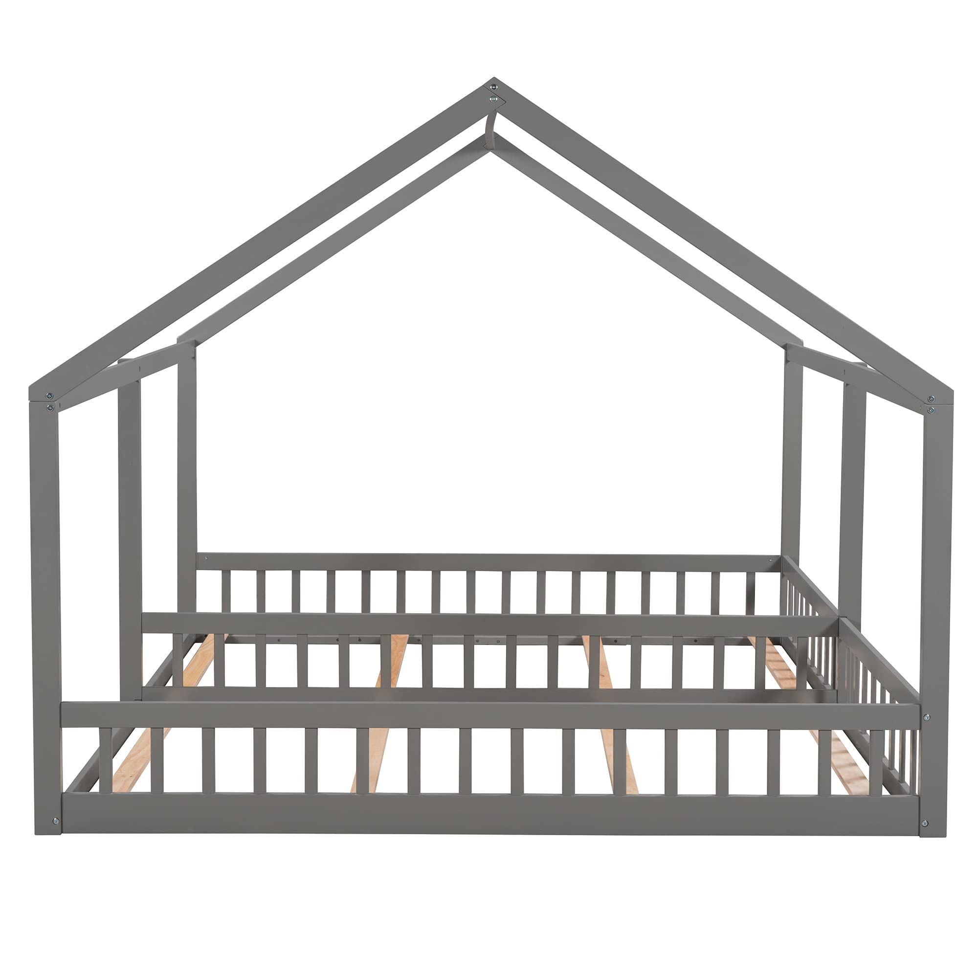 Twin House Bed for 2 Kids Wood Double Floor Beds Frame with Fence Railings Two Shared Beds for Boys Girls Teens, Twin Size, Gray