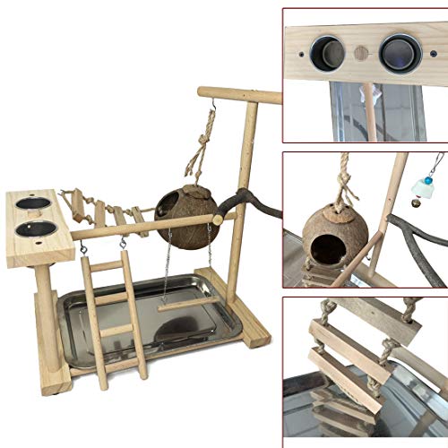 Hamiledyi Parrot Playground Bird Playstand Wood Perch Gym with Feeder Cups Toys Cockatiel Nest with Ladder for Conure Lovebirds
