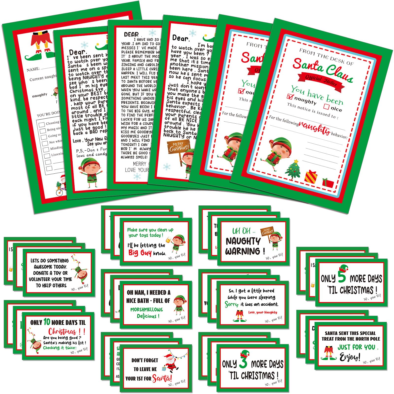52 Pcs Elf Notes and 2 Elves Notice Naughty or Nice Behavior Checklist Stationary Paper 3 Elf Bonus Letter and Elf Reports Set Elf Christmas Note Cards for Christmas Student Kid Preschool (Classic)