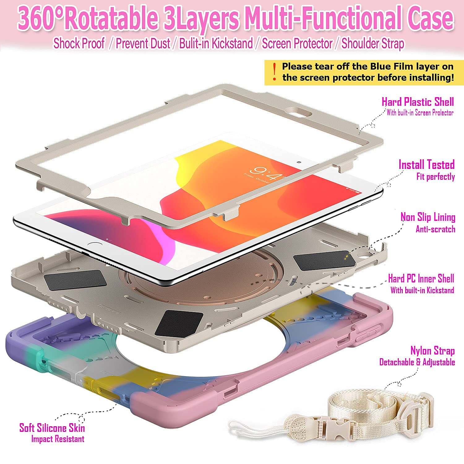 LX-SUNCX for iPad 10.2 Case 9th Generation 2021 / 8th Gen 2020 / 7th 2019,Shockproof Kids Case with Screen Protector,Rotating Stand/Pencil Holder/Shoulder Strap for iPad 10.2 Inch - Colourful Pink