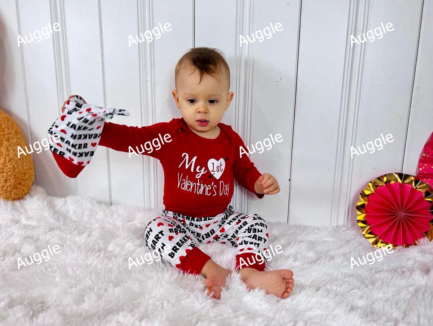 Auggle Baby Boys Girls My First Valentine's Day Romper Infant Long Sleeve Cute Outfit Clothes Set (Red, 3-6 Months)