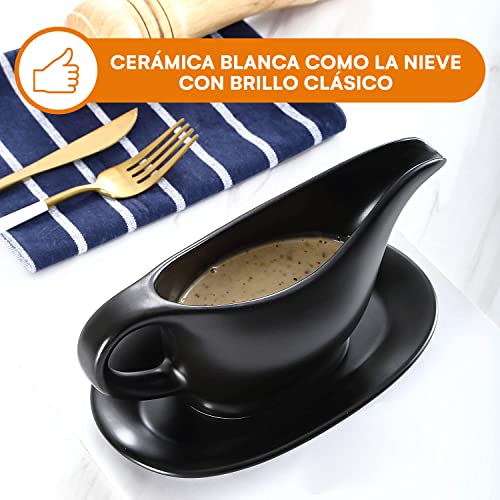 Bruntmor 11 Oz Black Ceramic Gravy Boat With Tray, 11 Ounce Small Ceramic Serving Dish, Dispenser with Tray For Sauces, Dressing and creamer, Gravy Boat With Saucer For Thanksgiving And Christmas