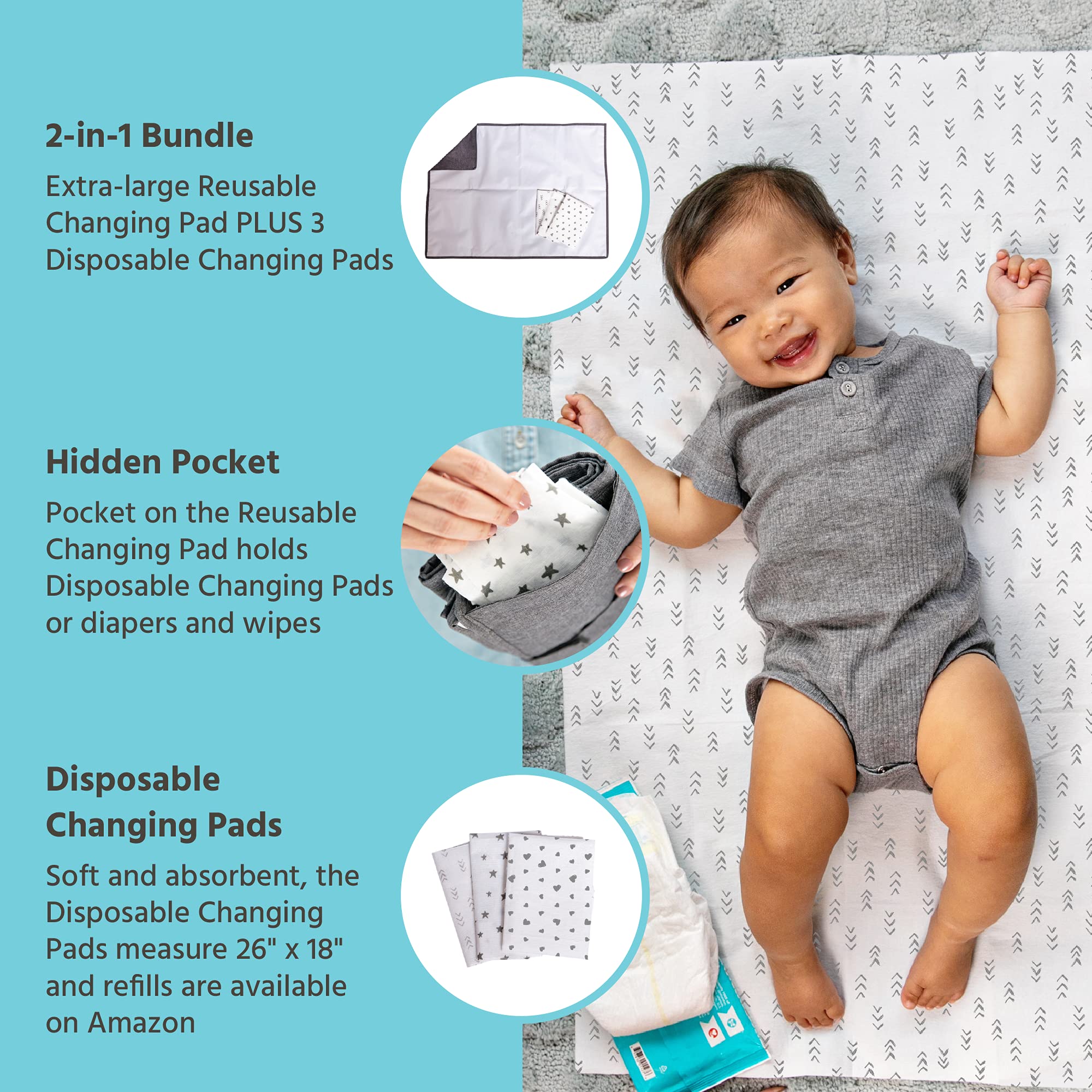 Healthy Habits by J.L. Childress Baby Changing Pad Bundle - Portable Padded Diaper Changing Pad with Pocket Plus 3 Disposable Changing Pads - Travel Changing Pads, Waterproof, Extra-Large - Grey