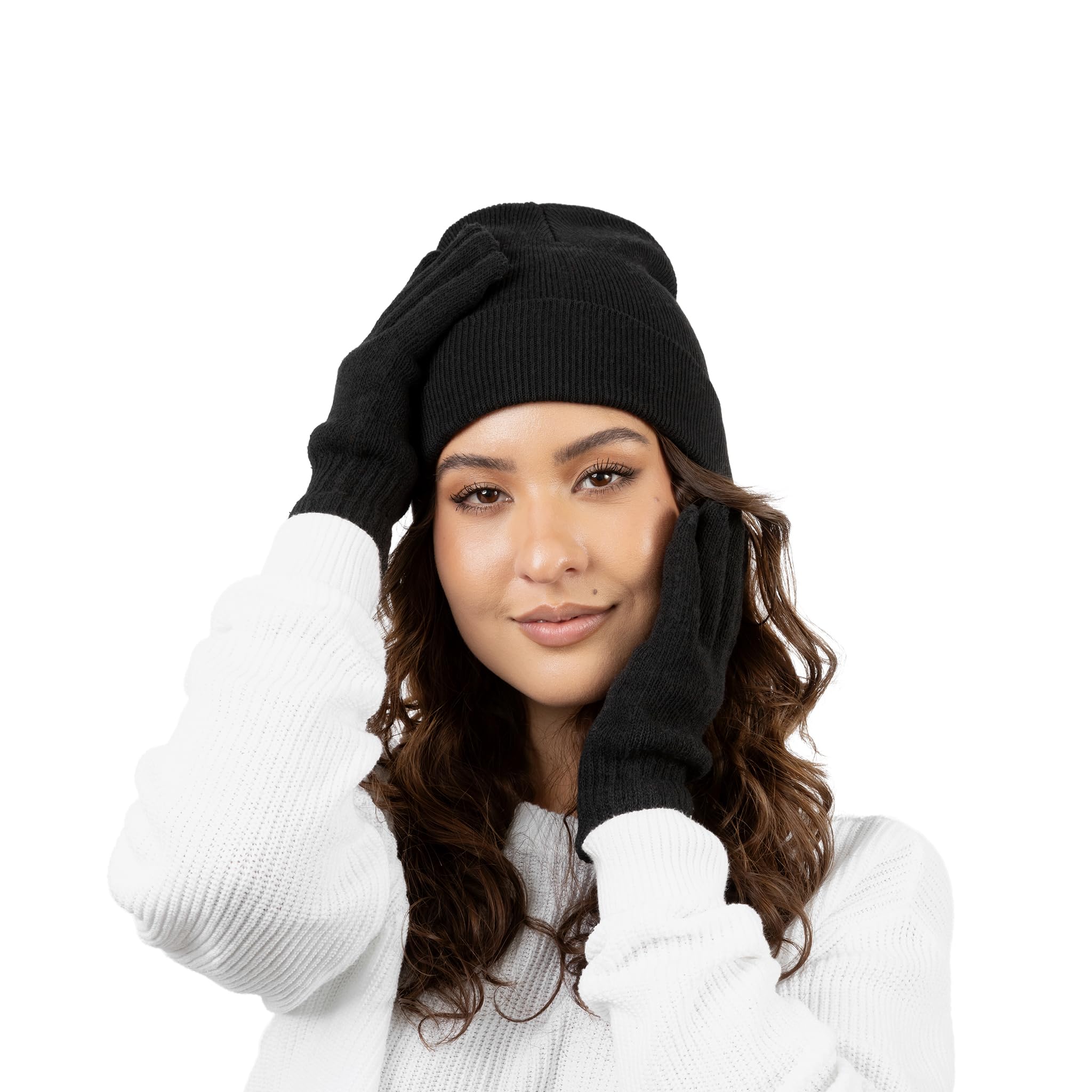 48x Winter Beanies & Gloves Combo Pack, Bulk Pack for Men Women, Warm Cozy Gift (Black)