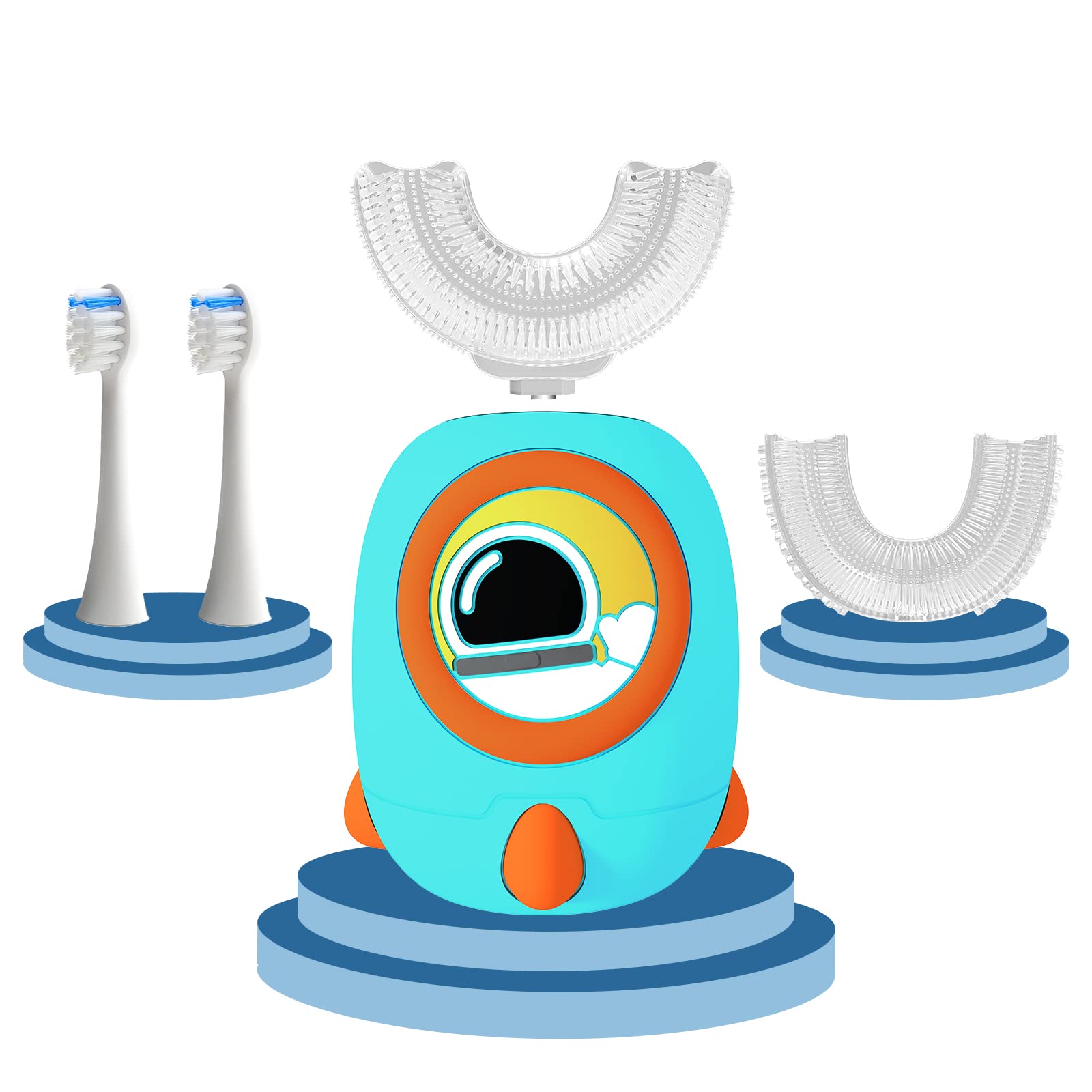 AUITRONCARE Ultrasonic Kids U Shaped Electric Toothbrush, Rechargeable Toddler toothbrushes with 4 Brush Heads, Smart Timer IPX7 Waterproof (Ages 2-12) (Hollow-Blue)