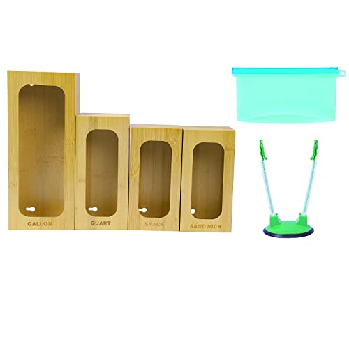 3 in 1 Bamboo Ziplock Bag Organizer Convenient Size To Keep In A Drawer + Ziplock Bag + Holder, Food Storage Plastic Bag Organizer For Your Kitchen Compatible With Ziploc And Other Brands
