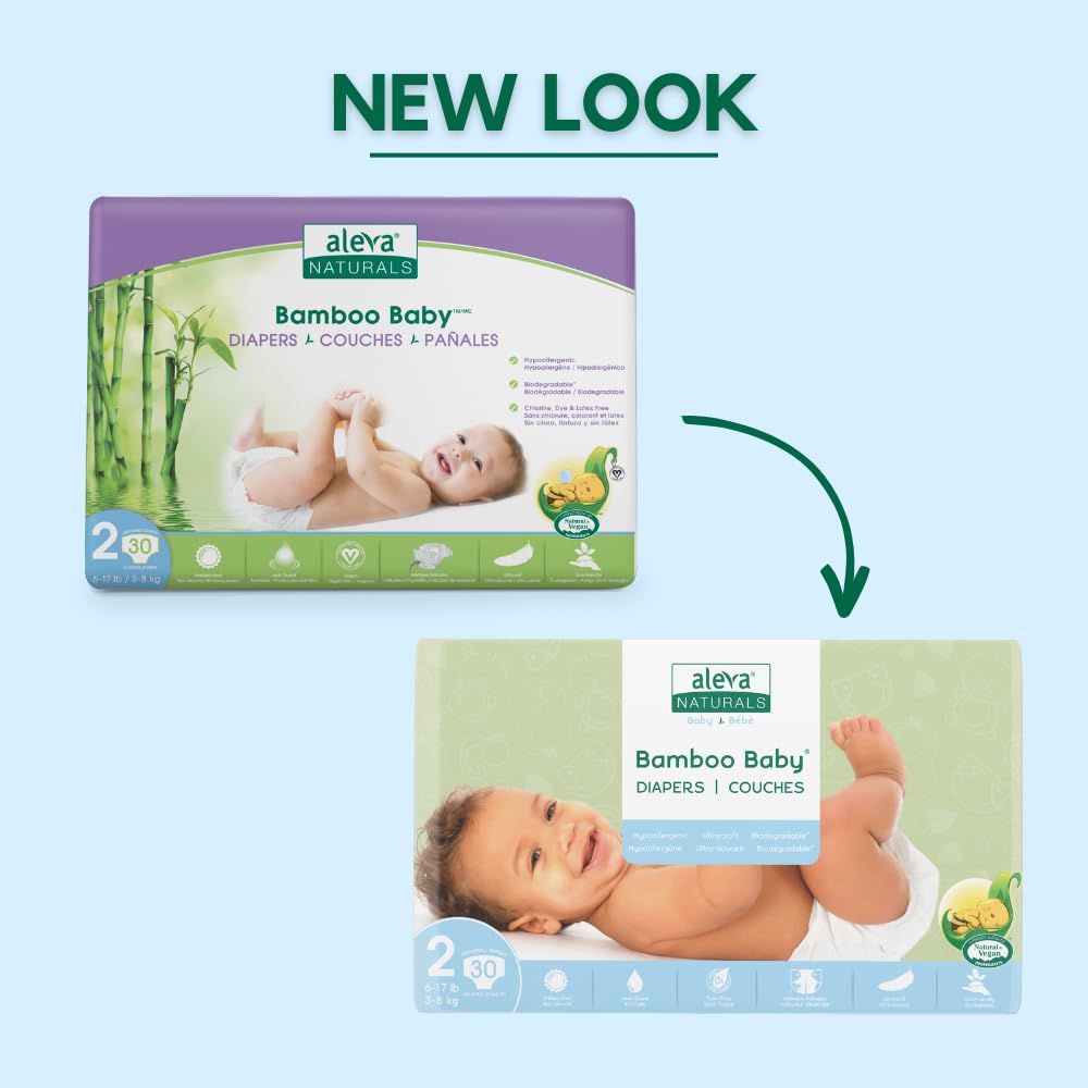 Aleva Naturals Hypoallergenic Bamboo Baby Diapers for Baby, Ultra Soft, Sensitive Skin Friendly, Biodegradable, Disposableā Size 2 (6-17 lbs/3-8 kg) | 30ct,37845