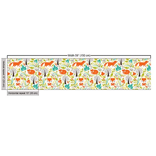 Ambesonne Cartoon Fabric by The Yard, Wild Fox Wolf with Leaves Flowers and Leafless Trees Print, Decorative Fabric for Upholstery and Home Accents, 1 Yard, Orange Green and Blue