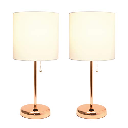 Limelights LC2002-RGD-2PK Rose Gold Stick Lamp with USB Charging Port and White Fabric Shade 2 Pack Table Desk Lamp Set