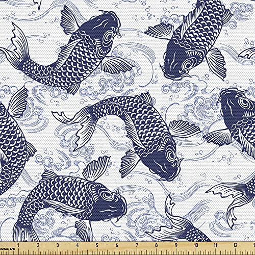 Ambesonne Fish Fabric by The Yard Japanese Carp Koi Wave Pattern Asian Background Ancestral Animal Culture Decorative Fabric for Outdoor and Indoor Furnishing Cover Hobby Sewing DIY 2 Yards White Blue
