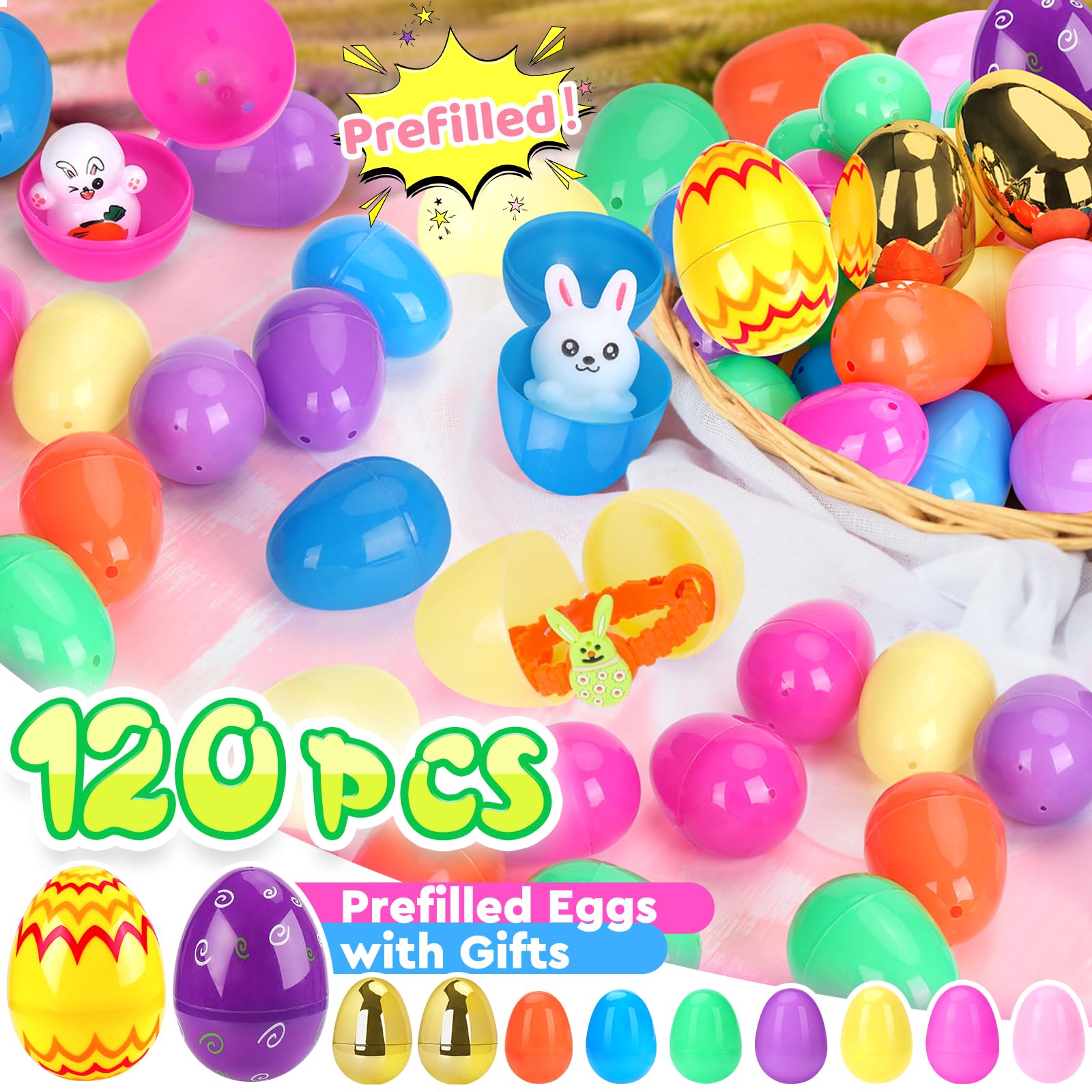 120 Pcs Prefilled Easter Eggs with Toys Inside, Pre Filled Plastic Easter Eggs Bulk for Easter Egg Hunt Supplies, Easter Party Favors, Easter Basket Stuffers Filler, Pre Stuffed Easter Eggs for Kids