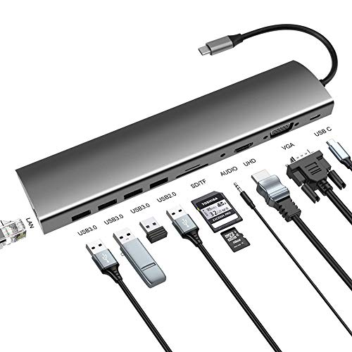 XUNMAIFHB Portable Docking Station, HUB Type-C 11-in-1 Multi-Function Docking Station Type c to HDMI HD hub USB3.0, USB C, LAN, Audio, VGA, SD/TF Fast Transmission