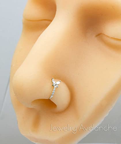 14kt White Gold Butterfly Nose Ring, 8mm Nose Hoop Ring, Marquise & Round CZ Accented, Cartilage Helix Ring, Tragus Ring - 14KNHBTF1WG