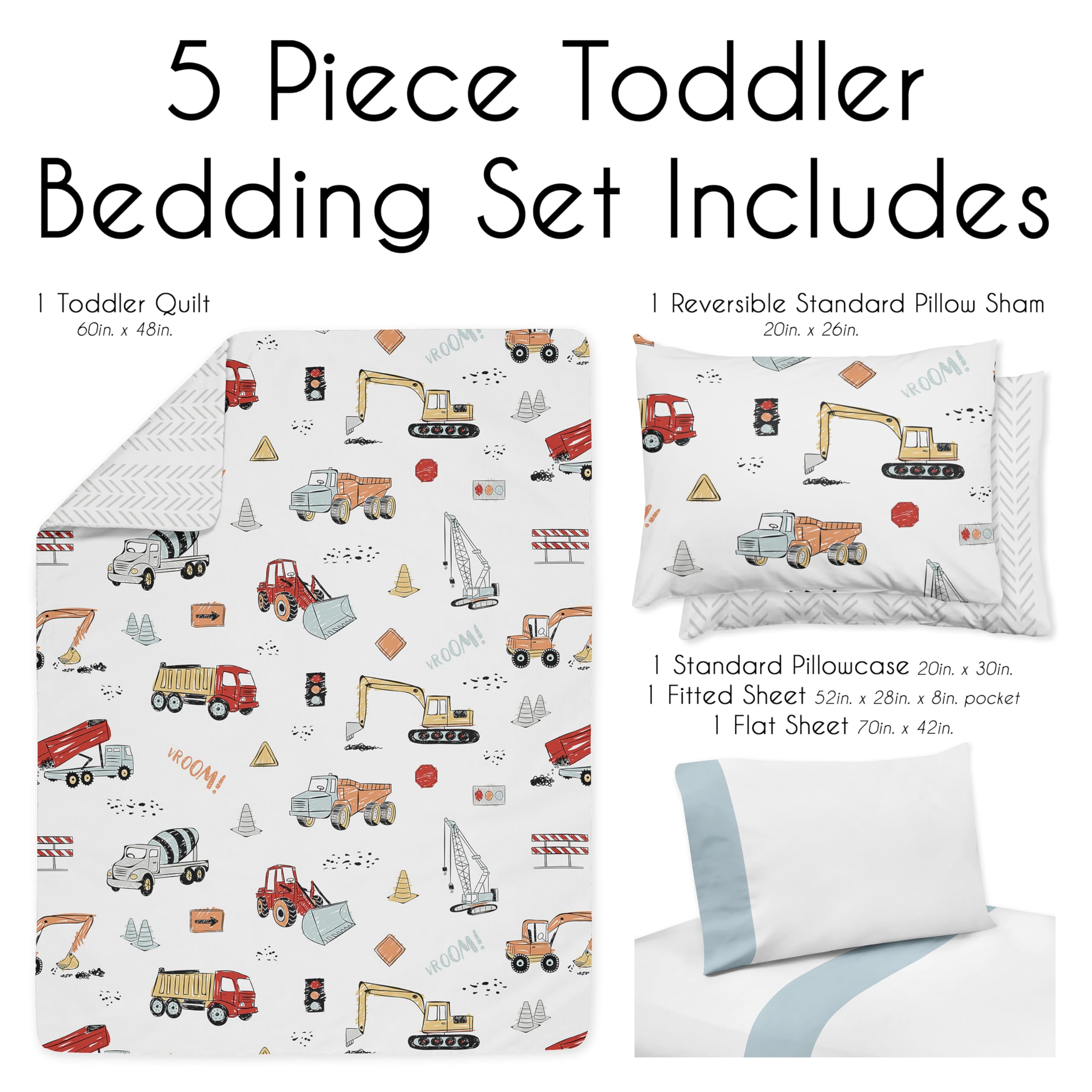 Sweet Jojo Designs Construction Truck Boy Toddler Kid Childrens Comforter Bedding Set - 5 Pieces Comforter, Sham and Sheets - Grey Yellow Orange Red and Blue Transportation Chevron Arrow