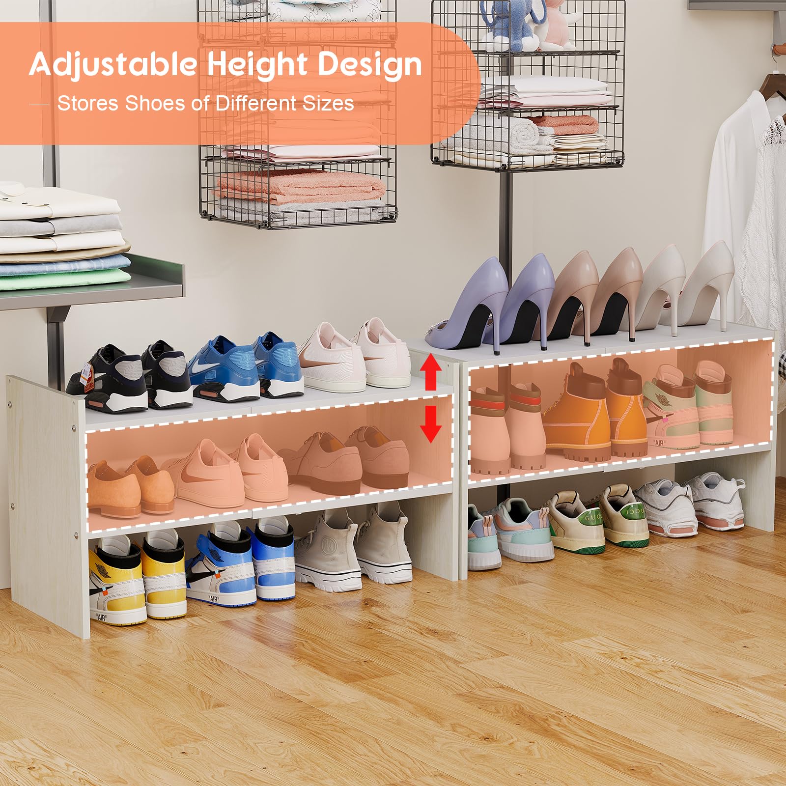 2-Tier Small Shoe Rack Organizer for Closet, Expandable and Adjustable White Shoe Rack, Stackable Iron Wood Combination Shoe Shelves for Closets, Entryway, Small Space, Hallway, Garage