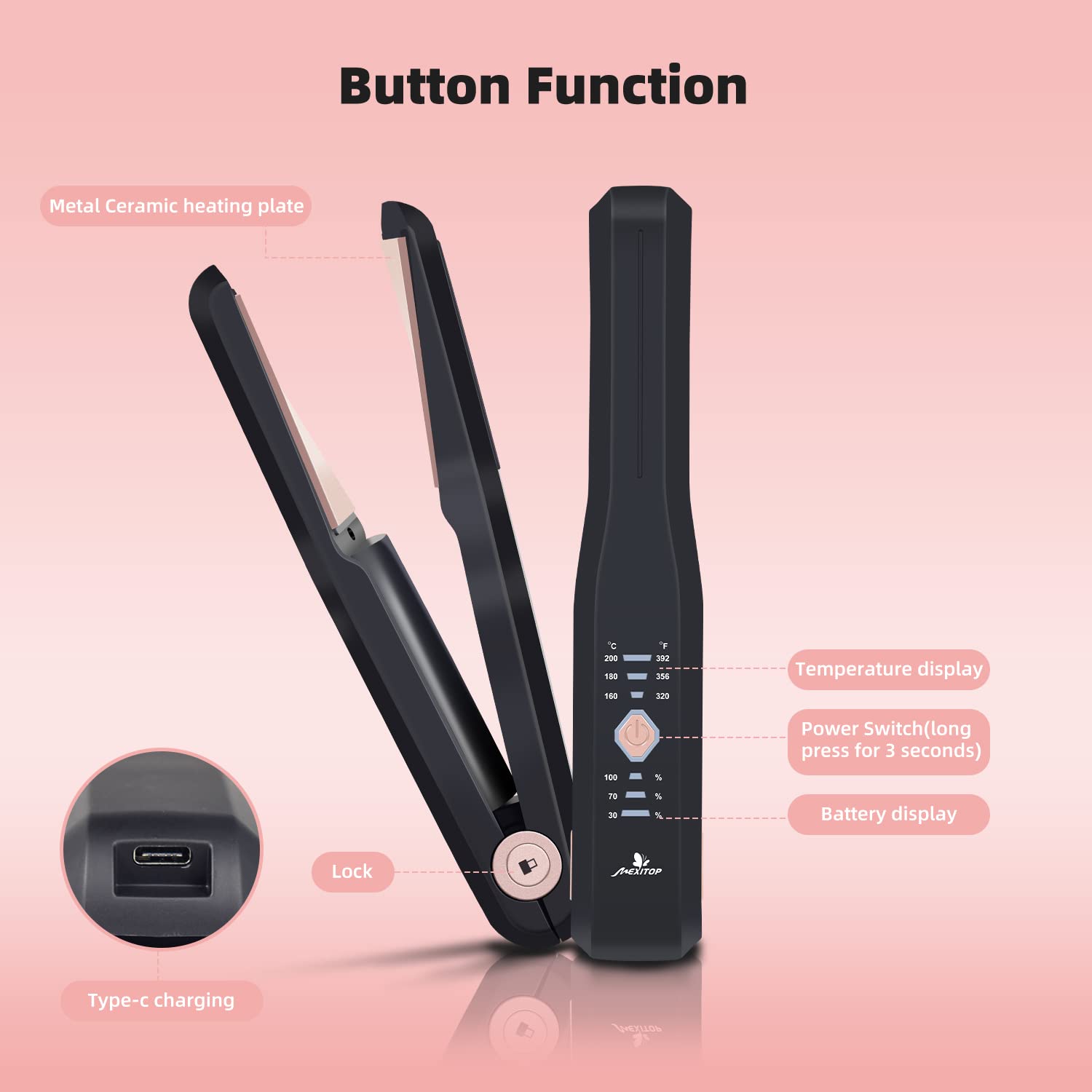 MEXITOP Cordless Hair Straightener and Curler 2 in 1 - USB Rechargeable with Adapter Multi-Styler Twist Ceramic Flat Iron, Mini Portable Hair Modeling Tool Lasts 40-Minutes, 3 Levels Adjustable Temps