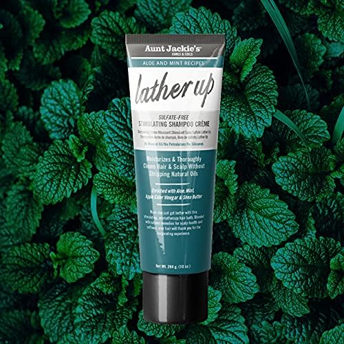 Aunt Jackie's Aloe & Mint Recipes Lather Up Stimulating Hair Moisturizing Shampoo Creme, Sulfate Free for All Hair Types and Textures, Green, 10 Oz