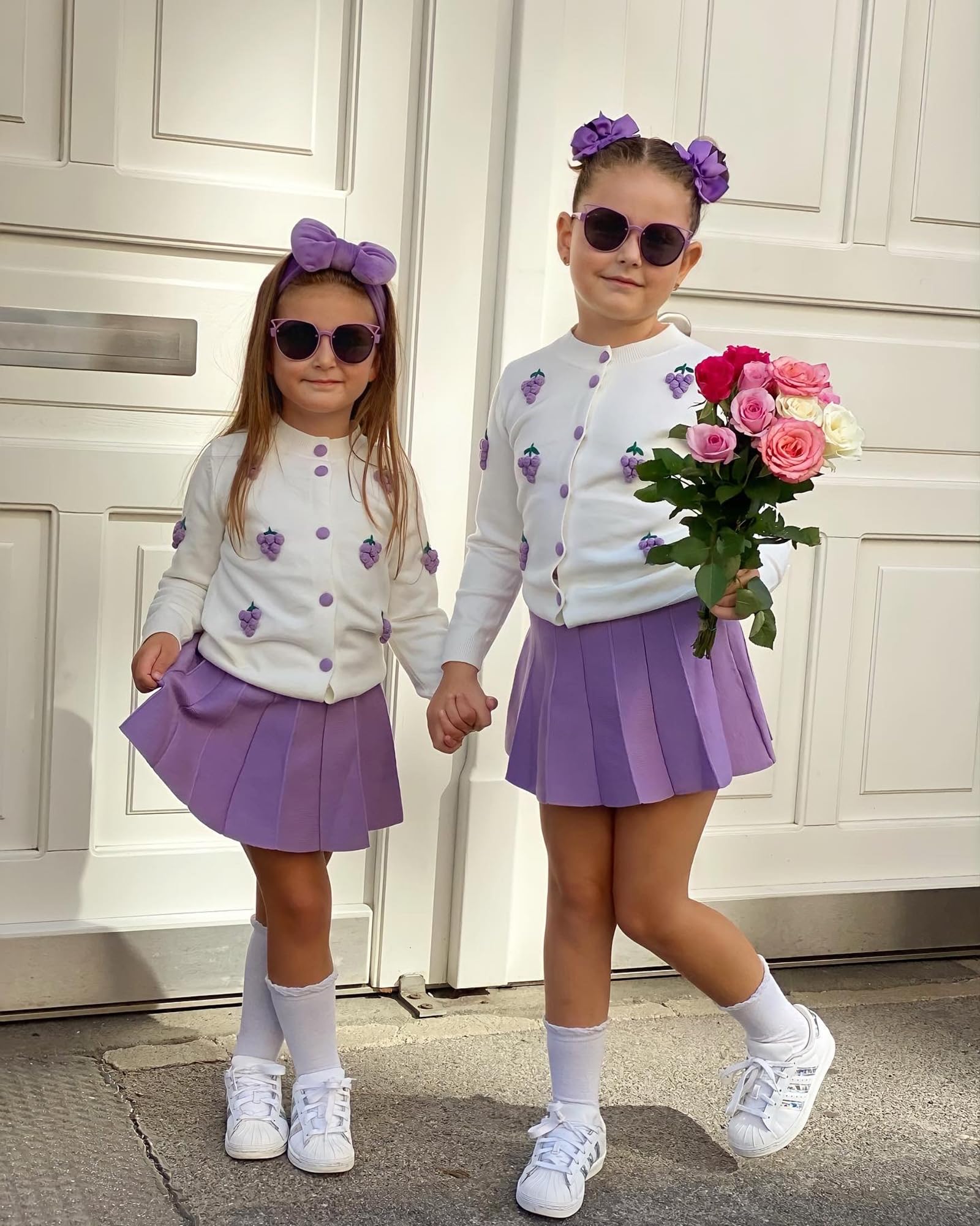 Balatale Toddler Girls Fall Outfits Buttons Sweater Tops Mini Skirt Set 2Pcs Long Sleeve Autumn Winter Clothes Set Purple 12-18Mth