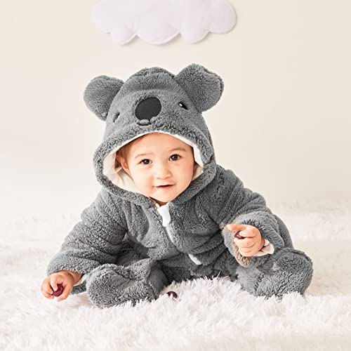 pureborn Newborn Baby Boys Fleece Footed Jumpsuit Hooded Snowsuit Pramsuit Winter Cartoon Romper Gray Koala 0-3 Months