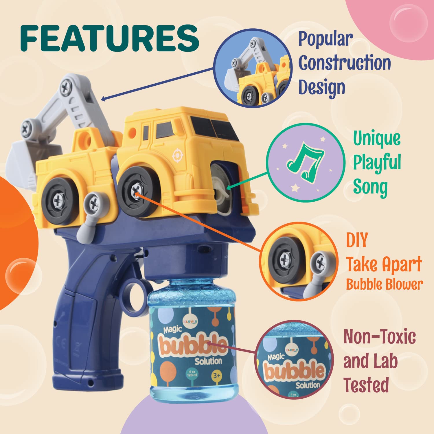 2 Bubble Gun incl 4 Bubble Solutions for Toddlers 3-5 Yrs | STEM Take Apart Bubble Toy | Summer Outdoor Toys for Kids Ages 3-5 | Bubble Blower / Blaster | Bubble Machine