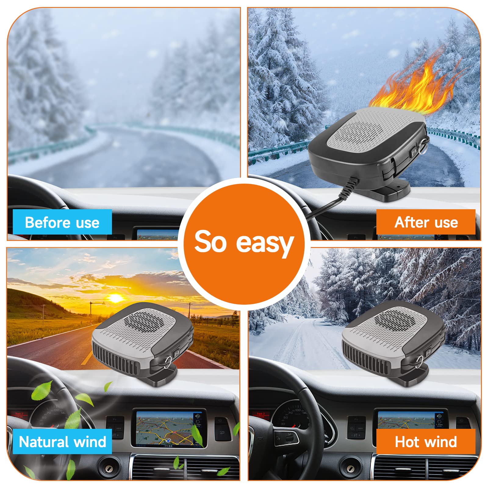 12V 150W Portable Car Heater with 360-Degree Automotive Windscreen Fan, Fast Heating Defrost Defogger, and Auto Ceramic Heater Fan with Plug in Cigarette Lighter