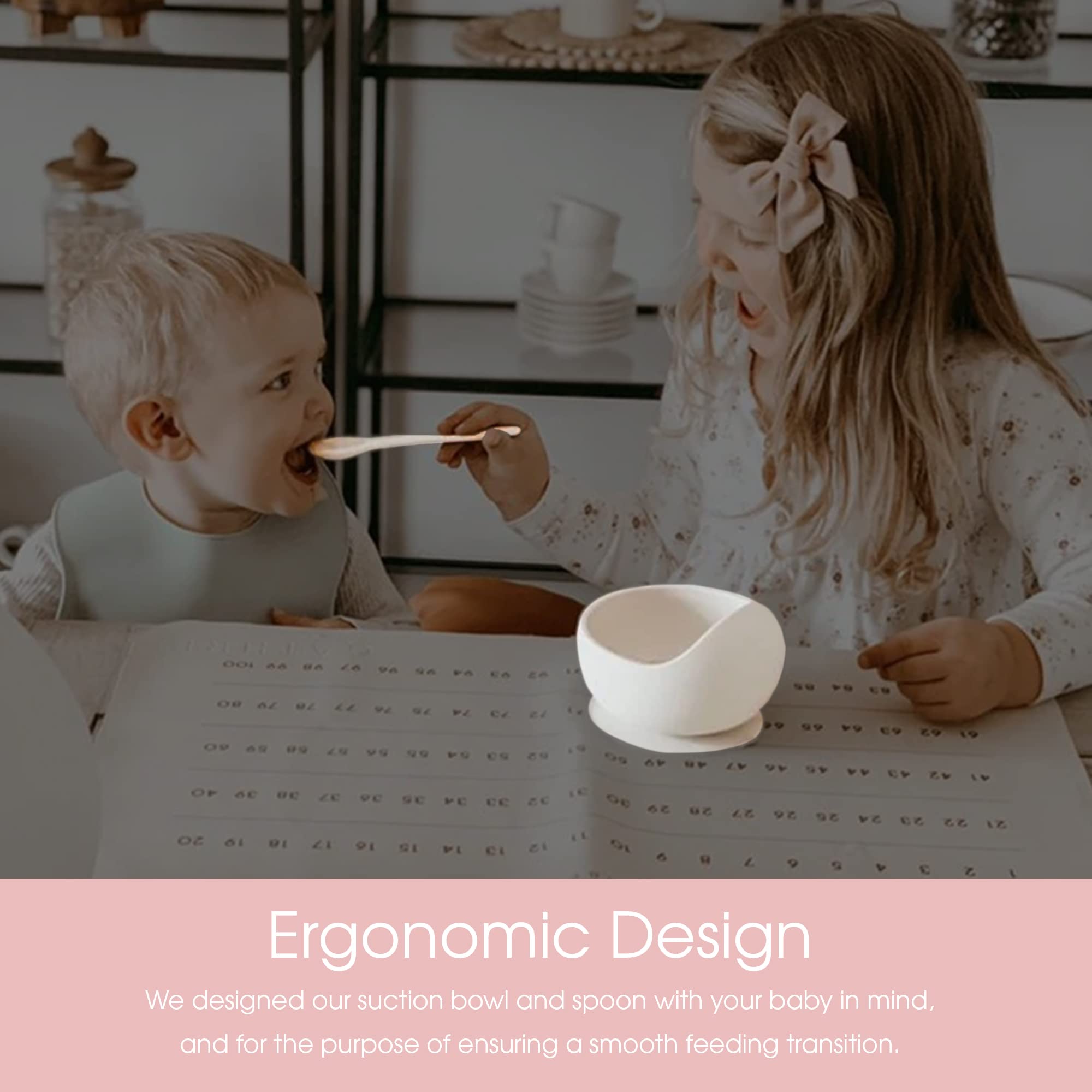 Ali+Oli Silicone Suction Bowl and Spoon Set (Blush, Original) - Unbreakable Suction Bowls for Baby 6 Months and Up, Self Feeding Baby Utensils, First Stage Baby Feeding Supplies