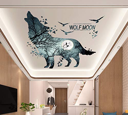 Removable Ink Moon Wolf Wall Decor Creative Blue Galaxy Wolf Room Wall Sticker Easy Peel & Stick Home Decor Murals for Kids Teen Girls Bedroom Nursery Ceiling Living Room
