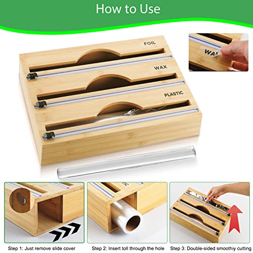 3 in 1 Wrap Dispenser with Cutter and Labels,Foil and Plastic Wrap Organizer for Kitchen, Storage Organizer for Aluminum Foil and Wax Paper,Wall Mount Bamboo Roll Organizer Holder,Send Slide Knife
