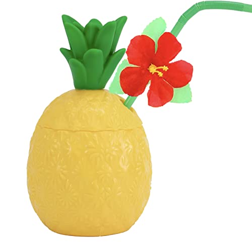 GiftExpress 12-pack Plastic Pineapple Cups with Lids and Hibiscus Straws, Hawaiian Party Cups Luau Aloha Party Favor (12)