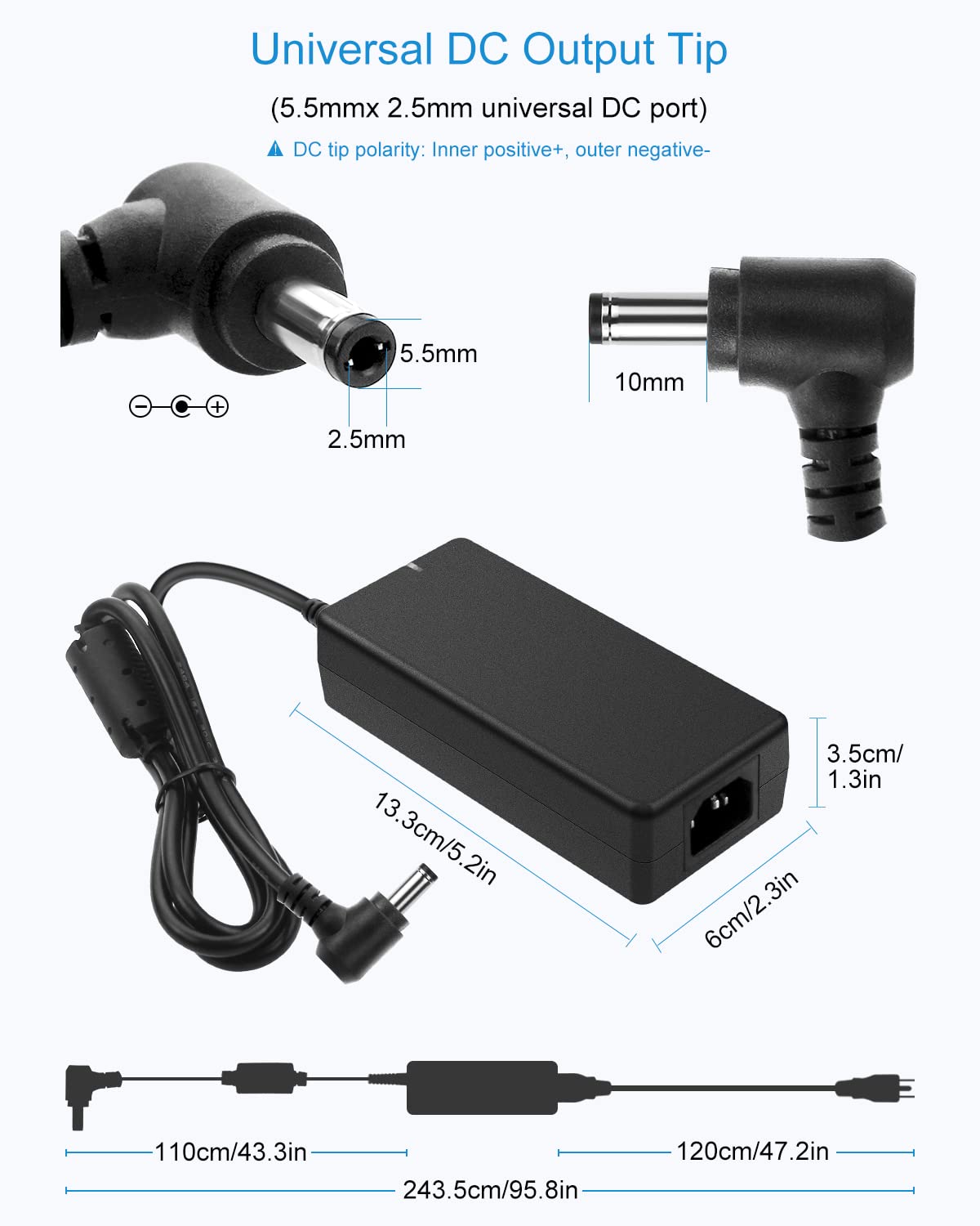 ALITOVE 12V 8A 96W Power Supply Adapter AC to DC Converter AC 100V ~ 240V to DC 12V 8amp Transformer LED Driver with 5.5x2.5mm DC Jack for 5050 3528 LED Strip Module Light, CCTV