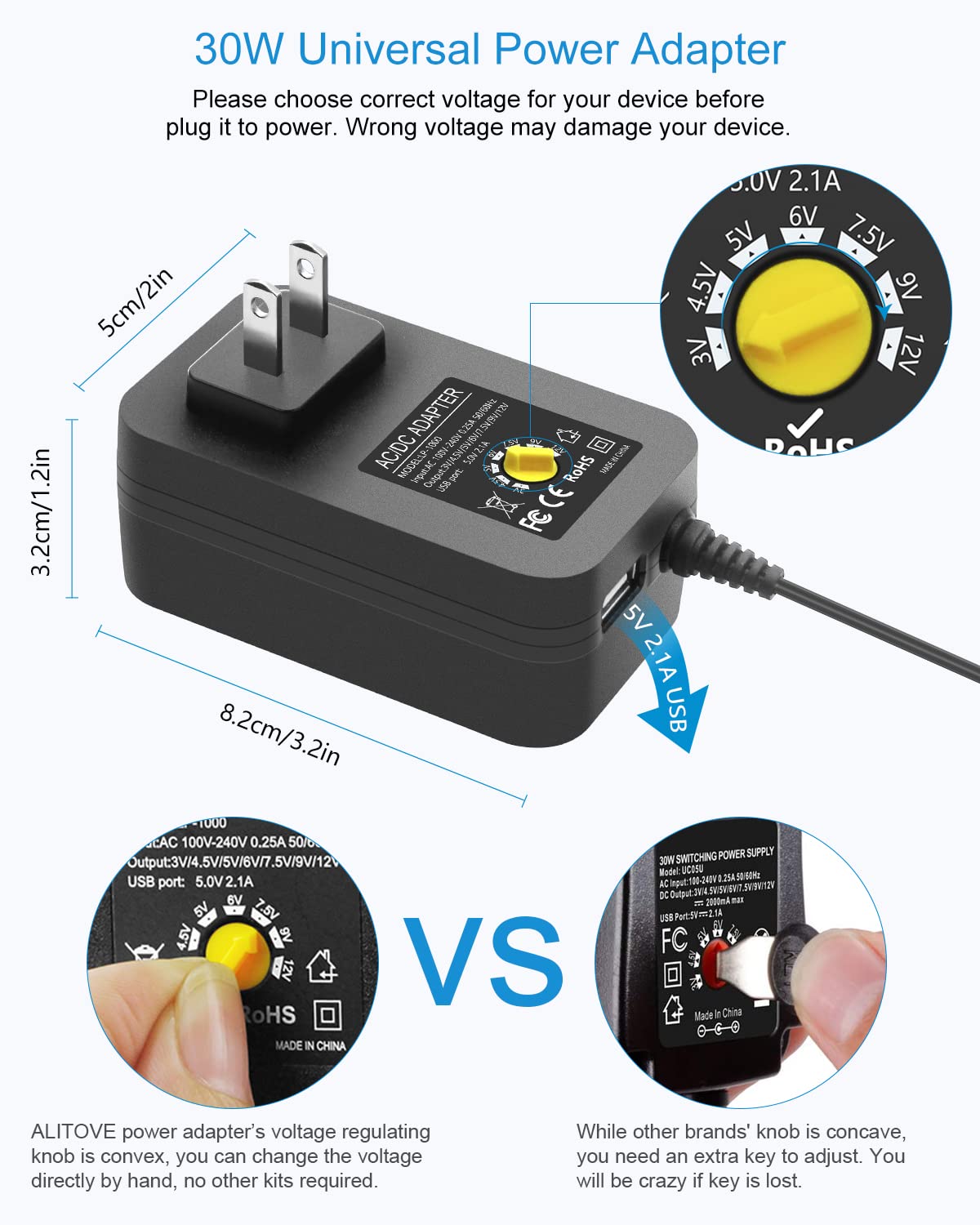 ALITOVE 30W Universal AC to DC Power Supply Adapter 3V to 12V Adjustable with 14Adapter Tips & USB Port for Household Electronics Routers 2.5A Max