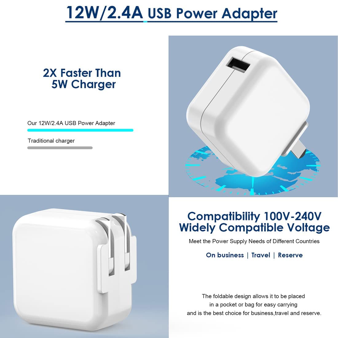 iPad Charger iPhone Charger, 12W USB Power Adapter Foldable Portable Travel Plug with 2Pack MFi Certified 6FT iPad Charging Cord Cable for iPad 4/5/6/7/8/9, iPad Mini 1/2/3/4/5, iPad Air 1/2/3, iPhone