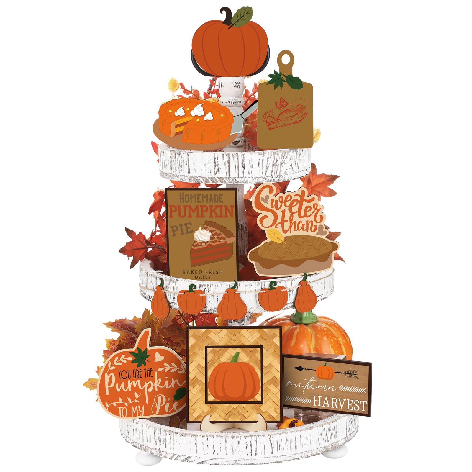 12 Pieces Fall Tiered Tray Decor Set Welcome Autumn Pumpkins Tray Decor Hello Autumn Maple Leaf Wood Table Decor Thanksgiving Decorations for Holiday Fall Farmhouse Home Centerpiece (Novelty Style)