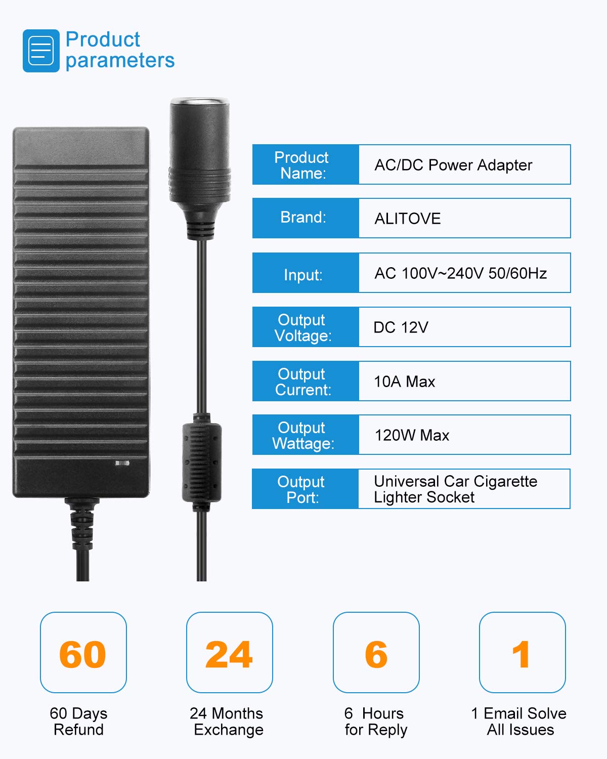 ALITOVE AC to DC Converter 100V ~ 240V to 12V 10A 120W Power Supply Adapter Car Cigarette Lighter Socket AC/DC Transformer for Car Vacuum Cleaner, Car Refrigerator and Other Car Devices