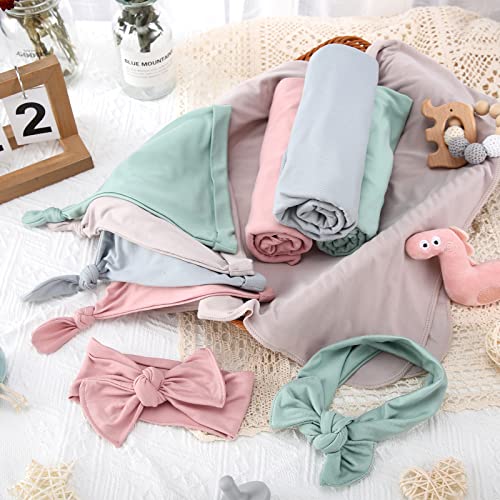 4 Set Newborn Swaddle and Headband Set Cotton Swaddle Hat Set Wrap Receiving Stretchy Swaddle Blankets Swaddle and Bow Set Newborn Beanie Newborn Hat and Swaddle (Light Green, Gray, Pink, Light Khaki)
