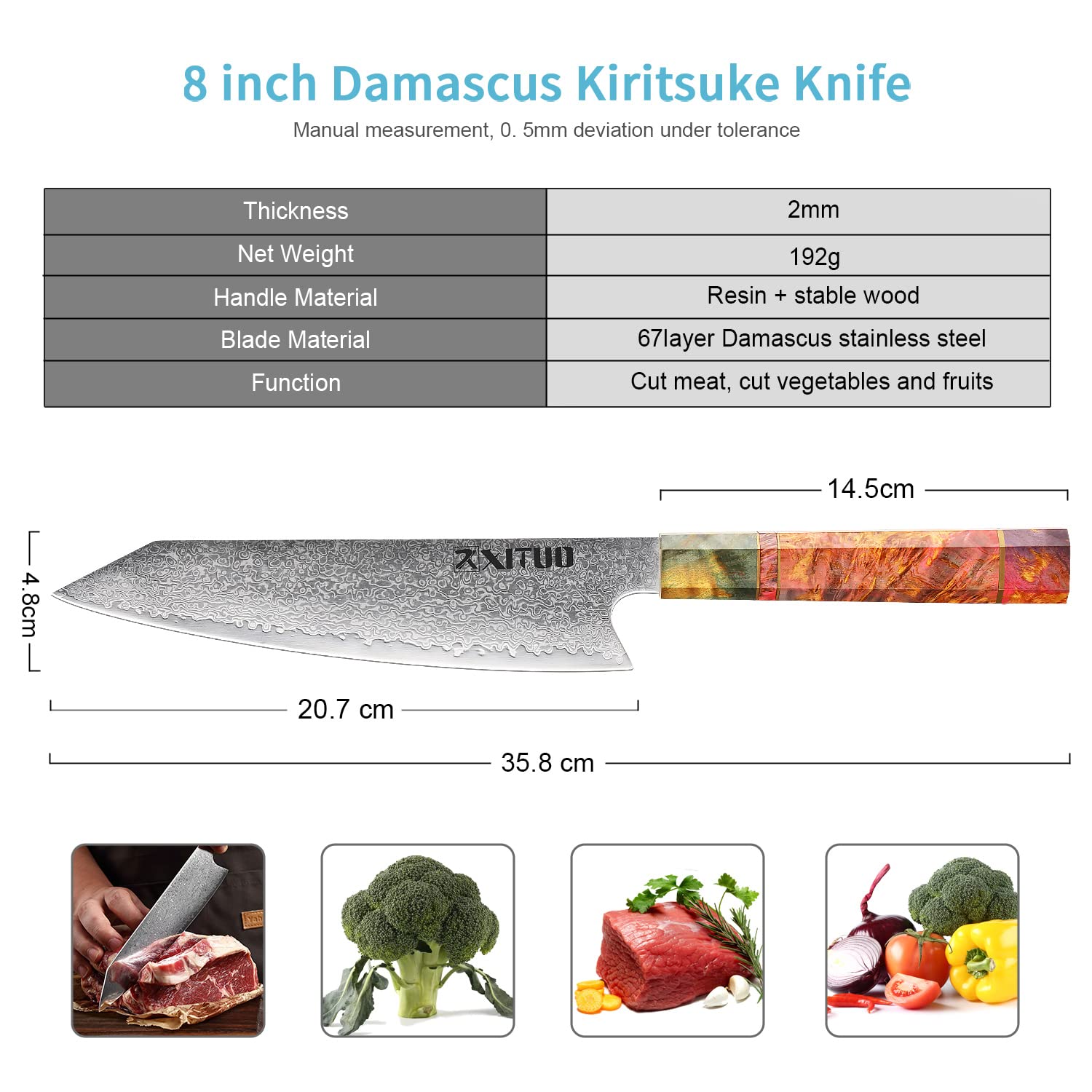 XT XITUO Kiritsuke Chef Knife,8 inch kitchen Knives Japanese VG10 Steel Damascus Kitchen Meat Sushi Cutting Cleaver Knife w/octagon Wood handle Gift Box (8-Inch Kiritsuke Knife)…
