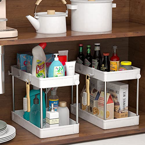 2 Pack Under Sink Organizer,2 Tier Under Sink Organizers And Storage For Kitchen Bathroom,Under Sink Cabinet Organizer,Multi-purpose Stable And Sturdy Cabinet Countertop Organizer,White