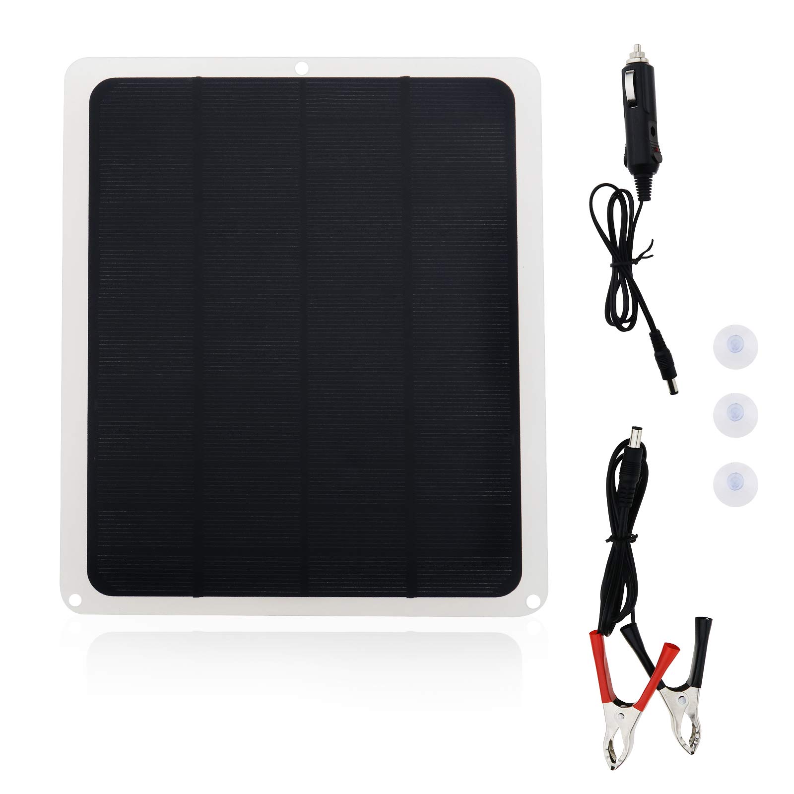 12V DC USB 5V Solar Car Battery Charger Portable SunPower Panel Trickle with Cigarette Lighter Plug Alligator Clip Cables USB Port Outdoor Travel Camping