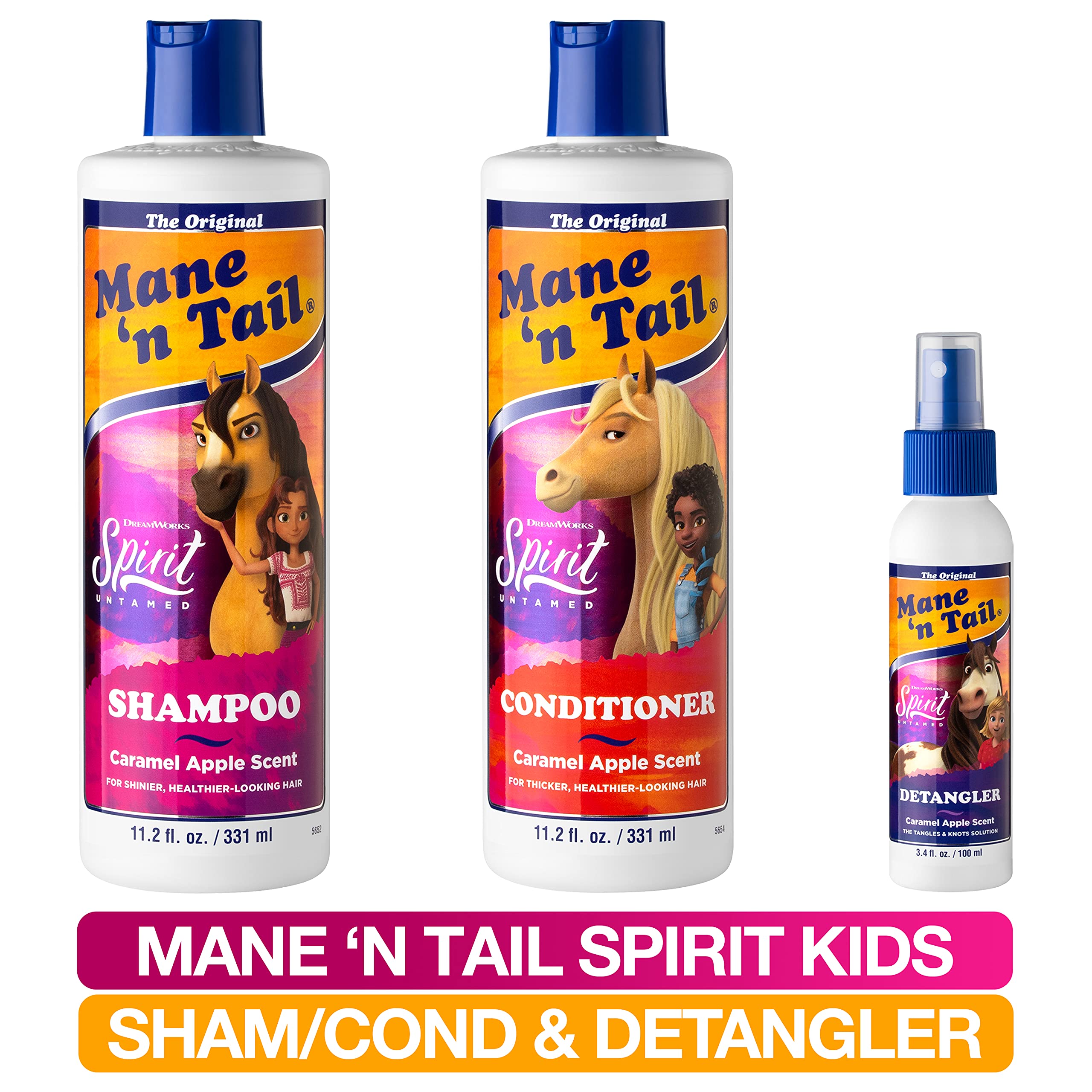 Mane 'n Tail Spirit Untamed Shampoo, Conditioner & Detangler Set – Caramel Apple Scented, Gentle Coconut Oil Formula for Kids, Soft, Silky Hair (Shampoo & Conditioner 11.02 oz Each, Detangler 3.4 oz)