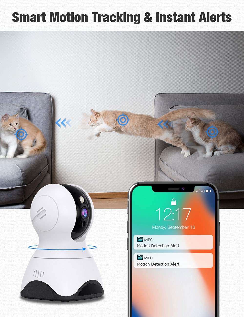 eazieplus Pet Camera, Indoor Security Cam with 2-Way Talk Remote Live View, 2.4GHz WiFi,1080P Night Vision, Motion/Sound Detection, Compatible with Alexa for Home Baby Elder Surveillance