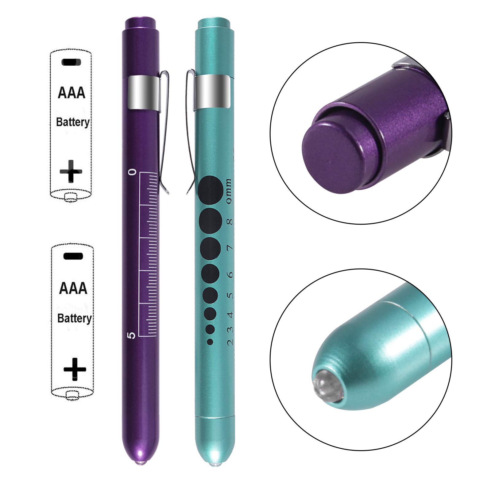 ALMOCN 4 Pack Pen Light,Nurse Medical Reusable LED Penlight White Light with Pupil Gauge and Ruler,2 Pack Teal + 2 Pack Purple