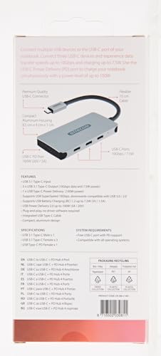 Sitecom CN-386 USB-C Hub 4 Port | USB-C Male to 3X USB-C 3.1 + 1x USB-C Female Power Delivery Ports - Aluminum Hub